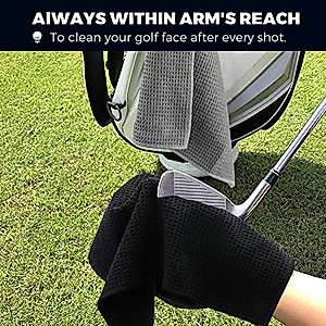 MOSUMI Golf Towel, 3 Pack Microfiber Golf Towels (16"x16") for Golf Bag with Carabiner Clip, Tri-fold Waffle Pattern Golf Towel, Blue, Black and Gray