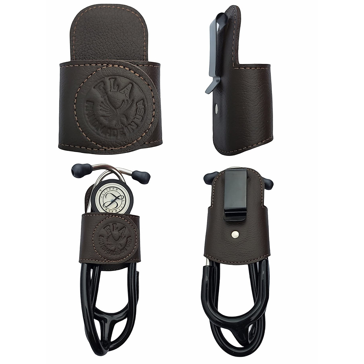 Stethoscope Holder pro with Clip,Handmade in USA Genuine Leather .Perfect for Physicians, Nurses, EMT, Medical Nursing Student (Brown).