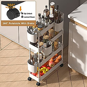 VANDHOME 4-Tier Slim Storage Utility Rolling Cart with Wheels Multifunction Organizer Slide Out Trolley Cart for Kitchen Bathroom Narrow Places with Hanging Cups Dividers - White