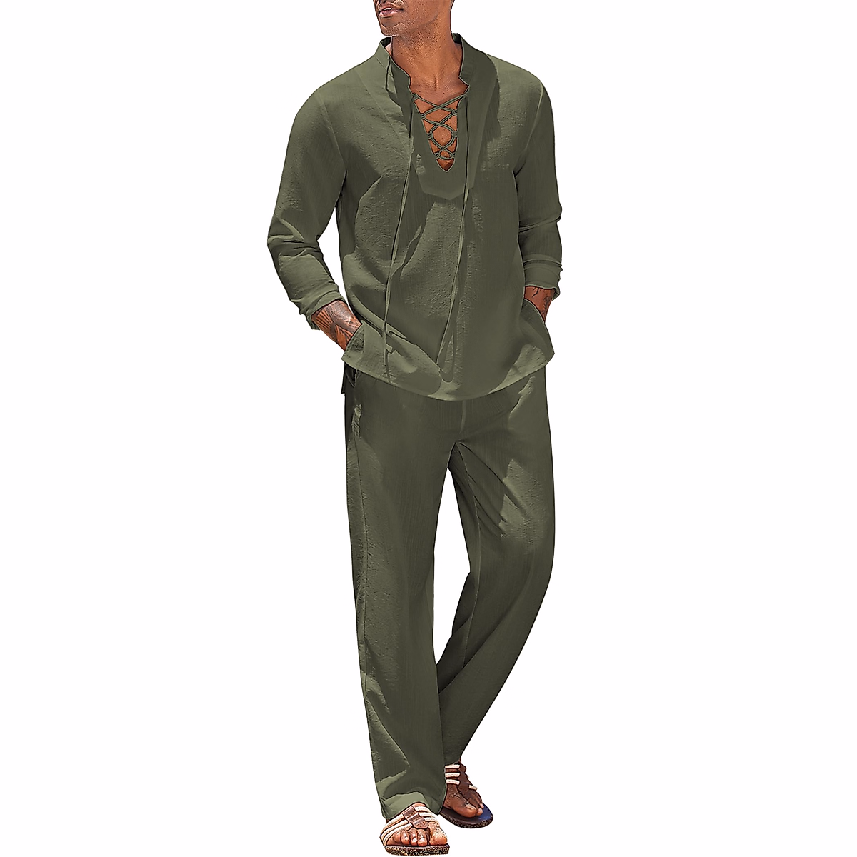 COOFANDY Men's 2 Piece Linen Sets Casual Long Sleeve Shirt and Loose Pants Set Beach Vacation Outfits, Army Green, Large