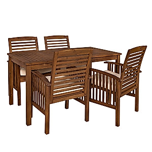Walker Edison Rendezvous Modern 5 Piece Solid Acacia Wood Outdoor Dining Set, Set of 5, Dark Brown