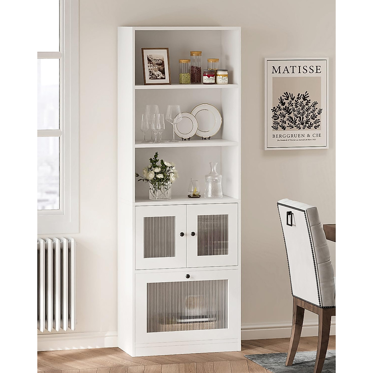 Seeday White Bookcase,5 Shelf Bookshelf and Bookcase with Acrylic Cabinet Doors,Modern Bookcase for Home, Office, and Living Room