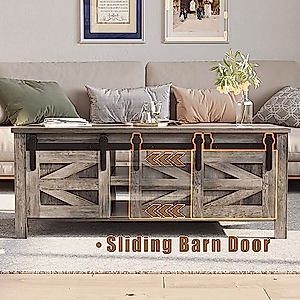 Furmax Coffee Table with Storage and Sliding Barn Doors, Farmhouse Living Room Table with Adjustable Shelves, Wood Rustic Center Table for Home Living Meeting Room (Light Rustic Oak)