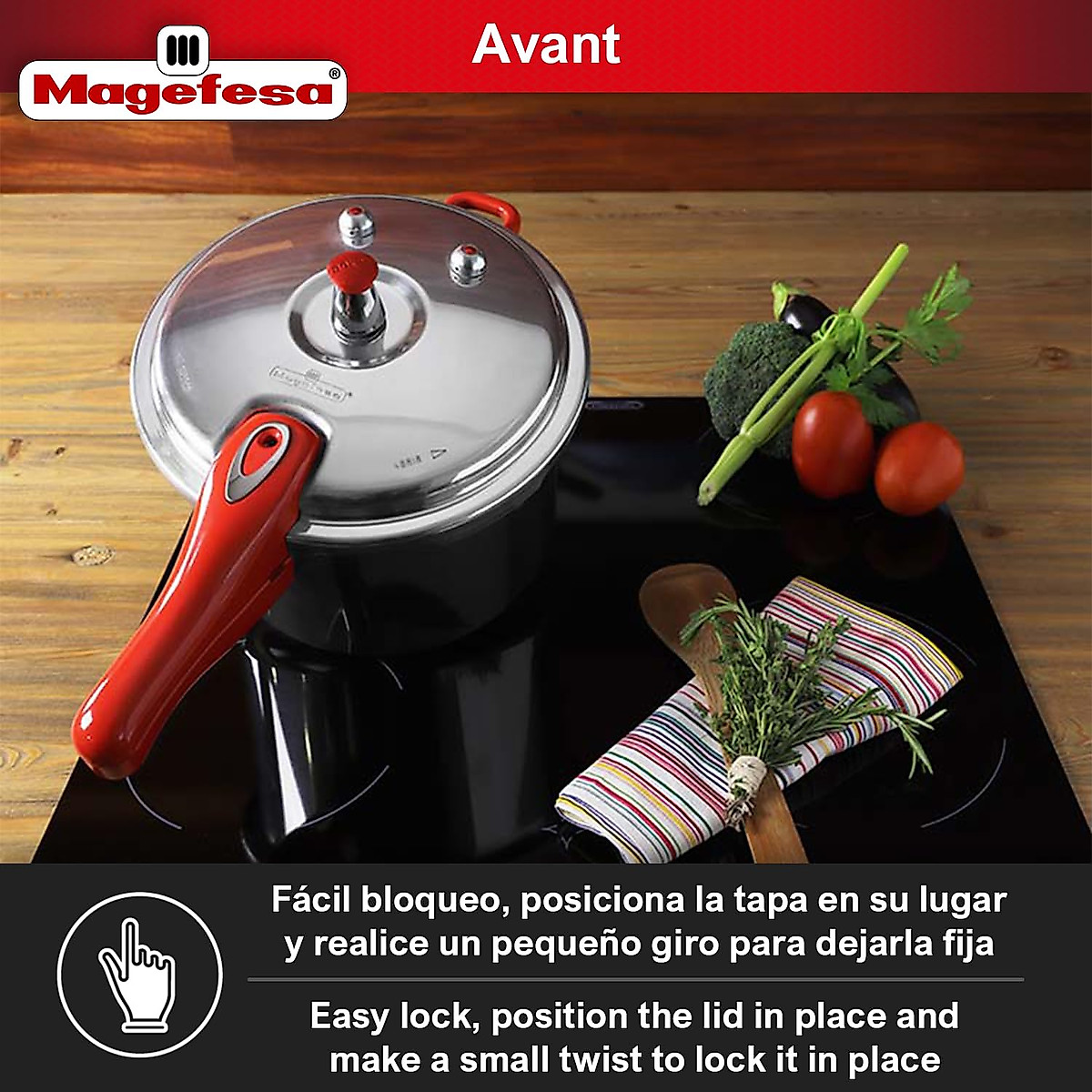 MAGEFESA ® Avant Red Pressure Cooker, 6.2 Quart, made of very resistant aluminum, compatible with gas, electric, ceramic stoves, pressure canner, canning cooker pot, stove top instant fast cooking
