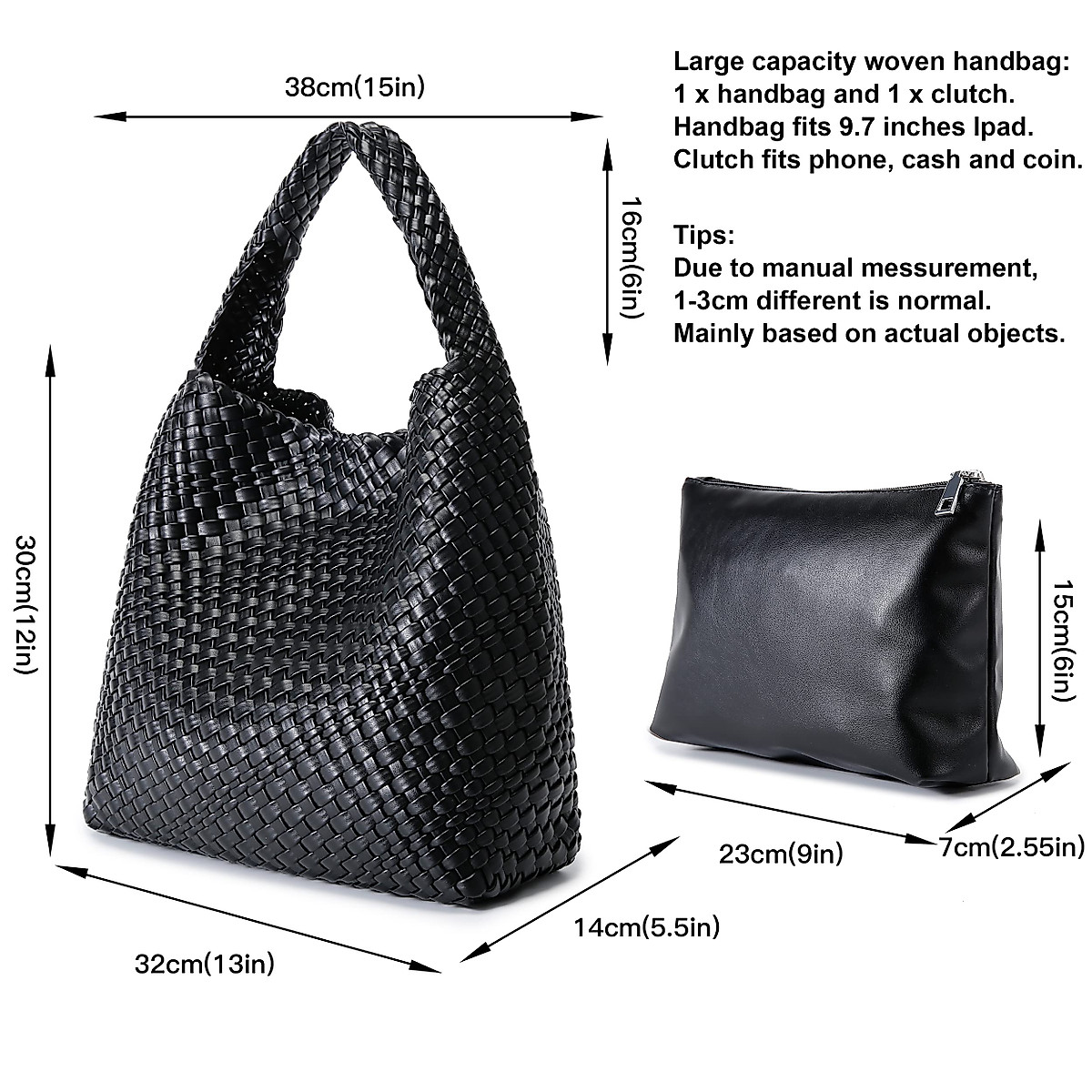 Fashion Woven Purse for Women Top-handle Shoulder Bag Soft Summer Hobo Tote Bag (Black)