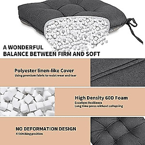 Millsilo Tufted Chair Cushions for Dining Chairs 4 Pack, 4" Thick Kitchen Chair Cushions with Ties and Non-Slip Backing, U-Shaped Indoor Chair Pads, Comfy 60D Foam Seat Cushion 15.5" X 15.5", Gray