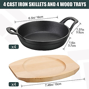 Sliner 4 Sets Mini Cast Iron Skillet Mini Cast Iron Sizzler Plates Skillet with Wooden Base Small Round Cast Iron Pan Fajita Cast Iron Plate Mini Cast Iron Pot for Baking Cooking(6.3 Inches