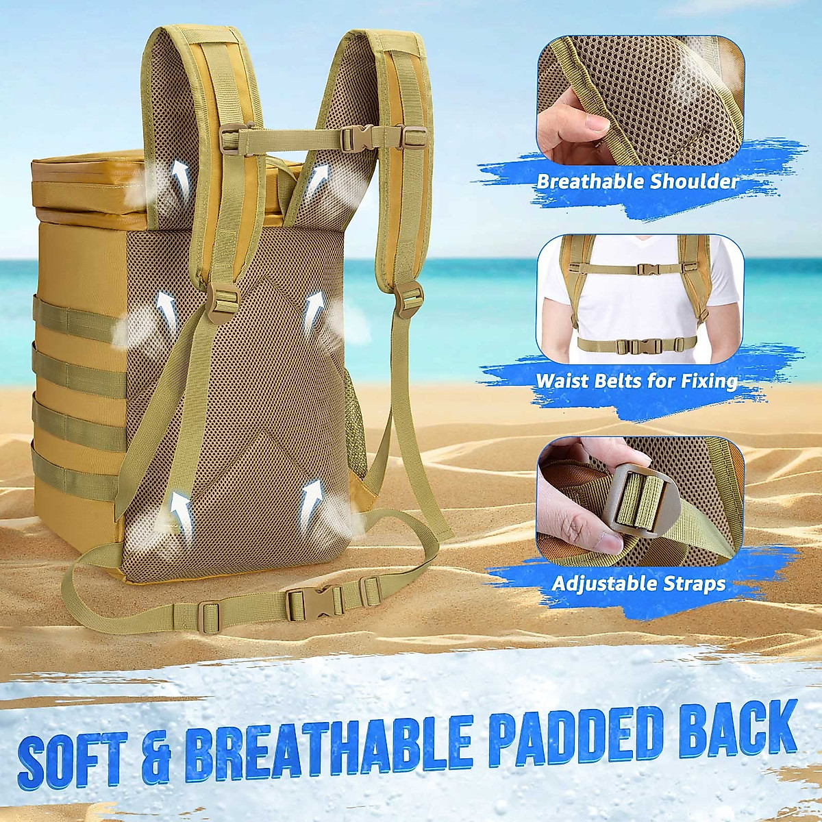 WOTOW Backpack Cooler Tactical Insulated 45 Cans - Leak Proof Cooler Backpack for Men Women, Large Capacity Soft Cooler Bag with Top Handles, Lunch Backpack Bag for Beach Hiking Picnics Work (Brown)