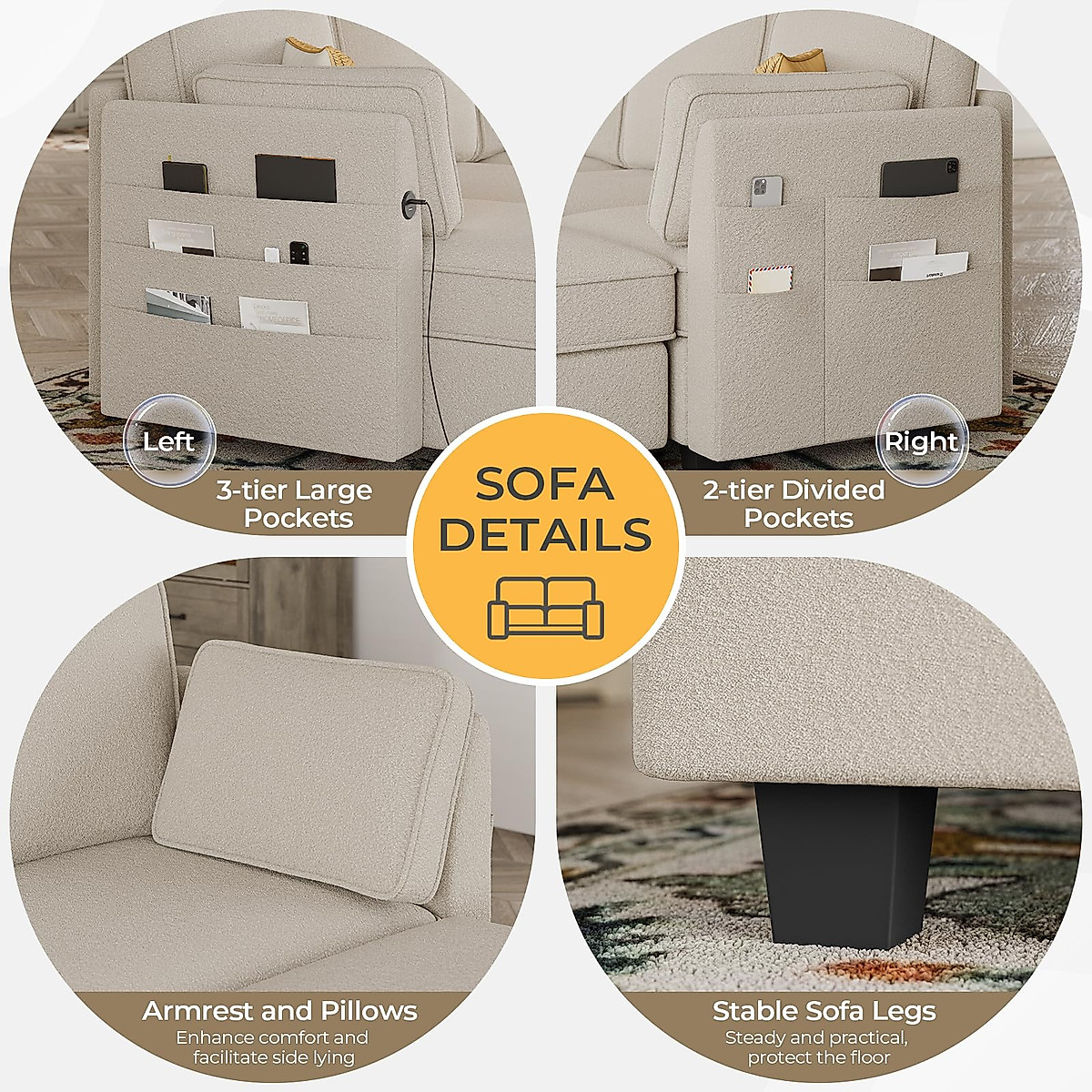 Hasuit 113'' Sectional Sofa with Storage Seats, U Shaped Convertible Sofa Couch with Large Reversible Chaise, Comfy Chenille Sofa with USB Port, Modular Sectional Sofa Couches for Living Room, Beige