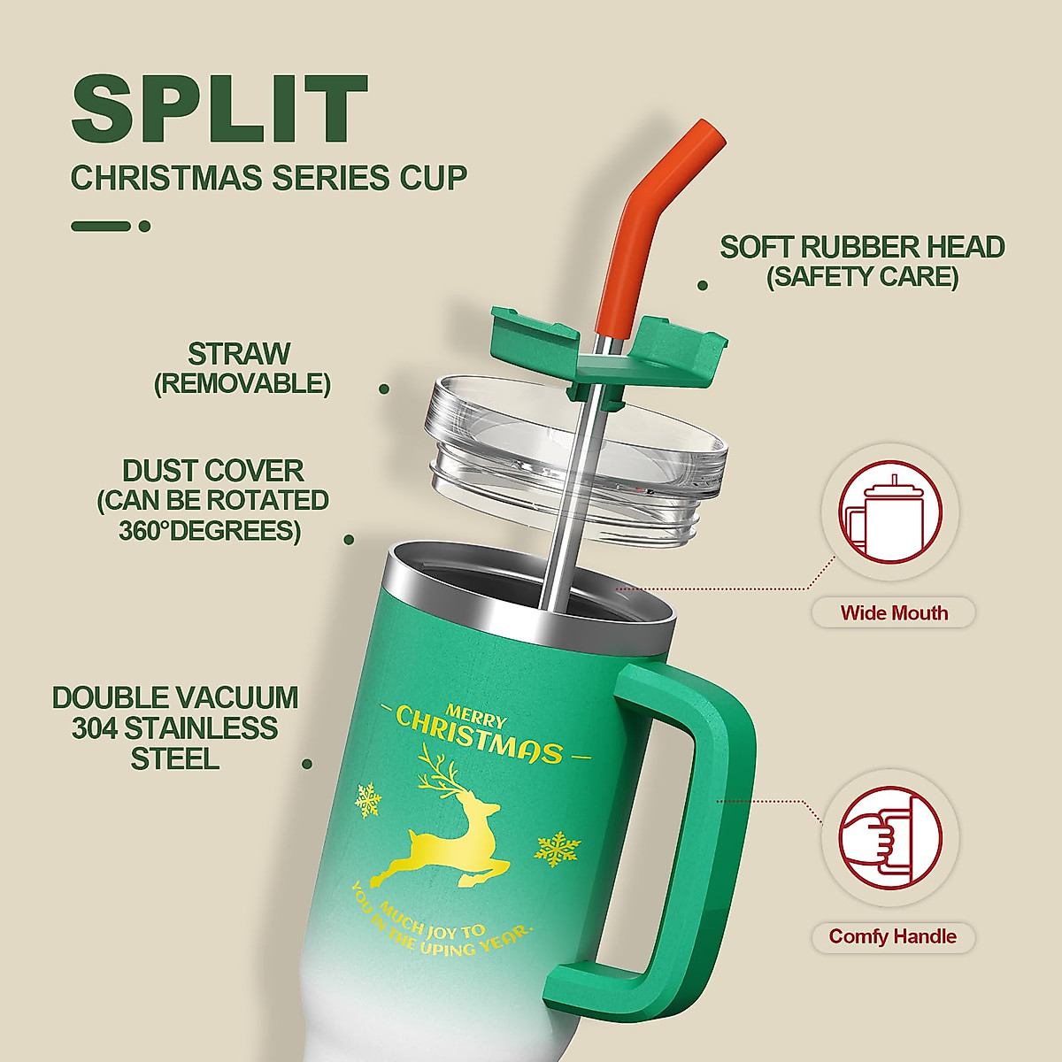 FOHGEE Christmas Style 30oz Stainless Steel Tumbler with Handle - Keep Drinks Cold & Hot All Season! (Green Reindeer)