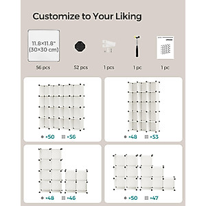 SONGMICS Cube Storage Organizer, Set of 16 Plastic Cubes, Book Shelf, Closet Organizers and Storage, Room Organization, Bedroom Living Room, 12.2 x 48.4 x 48.4 Inches, Cream White ULPC442M01