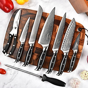 Damascus Kitchen Knife Set with Block, Razor Sharp 67-Layer VG10 Steel and Triple Rivet Handle, Included Chef/Santoku/Utility/Bread/Paring Knives, Sharpener, Kitchen Shears-Natural Wooden Block, 9Pcs
