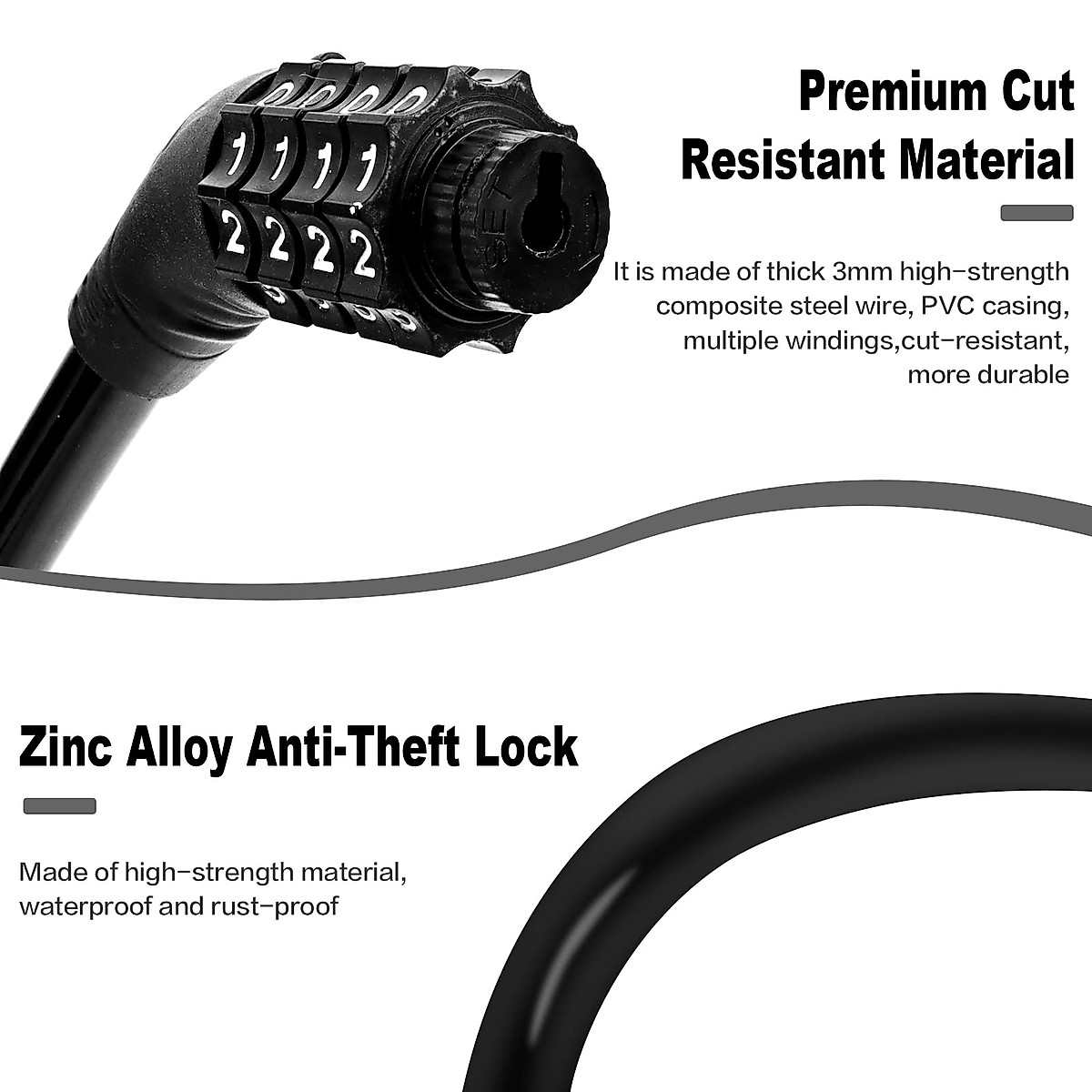 Bike Lock Cable, Bike Accessories, Bike Locks Heavy Duty Anti Theft, Combination Cable Lock for Outdoor Equipment, Black (2Ps, 1Ft, Reset Combo)