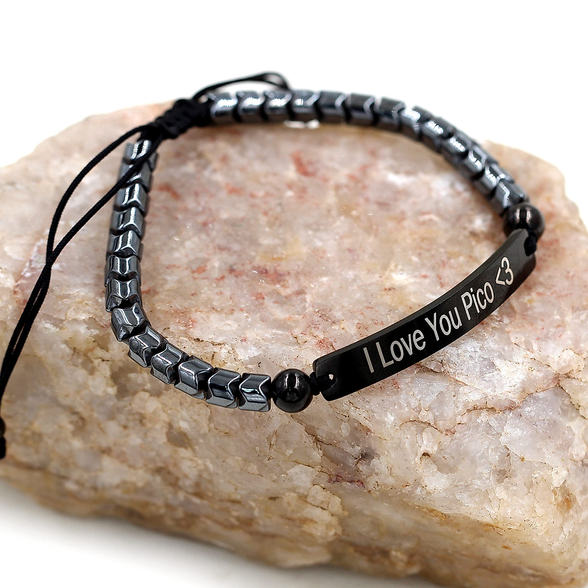 Natural Black Hematite Stone Beads Engraved Name ID Bracelet for Men Women Customized Kids Name Bracelet for Mom Dad Y1457