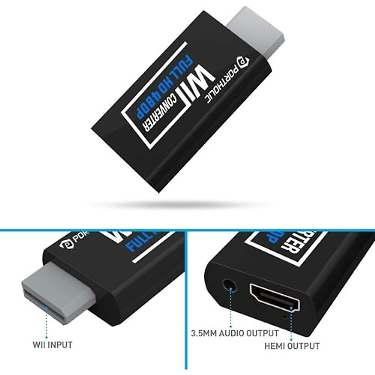 PORTHOLIC Wii to HDMI Converter 1080P for Full HD Device, Wii HDMI Adapter with 3.5mm Audio Jack&HDMI Output Compatible with Wii, Wii U, HDTV, Monitor-Supports Wii Display Modes 720P