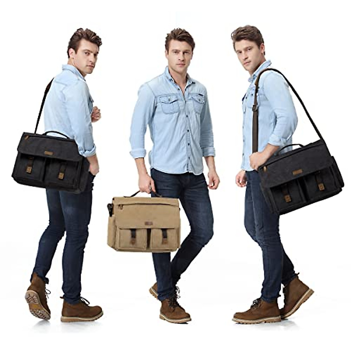 VASCHY Messenger Bag for Men, Vintage Water Resistant Waxed Canvas Satchel 15.6 inch Laptop Briefcase Shoulder Bag with Padded Shoulder Strap Gray