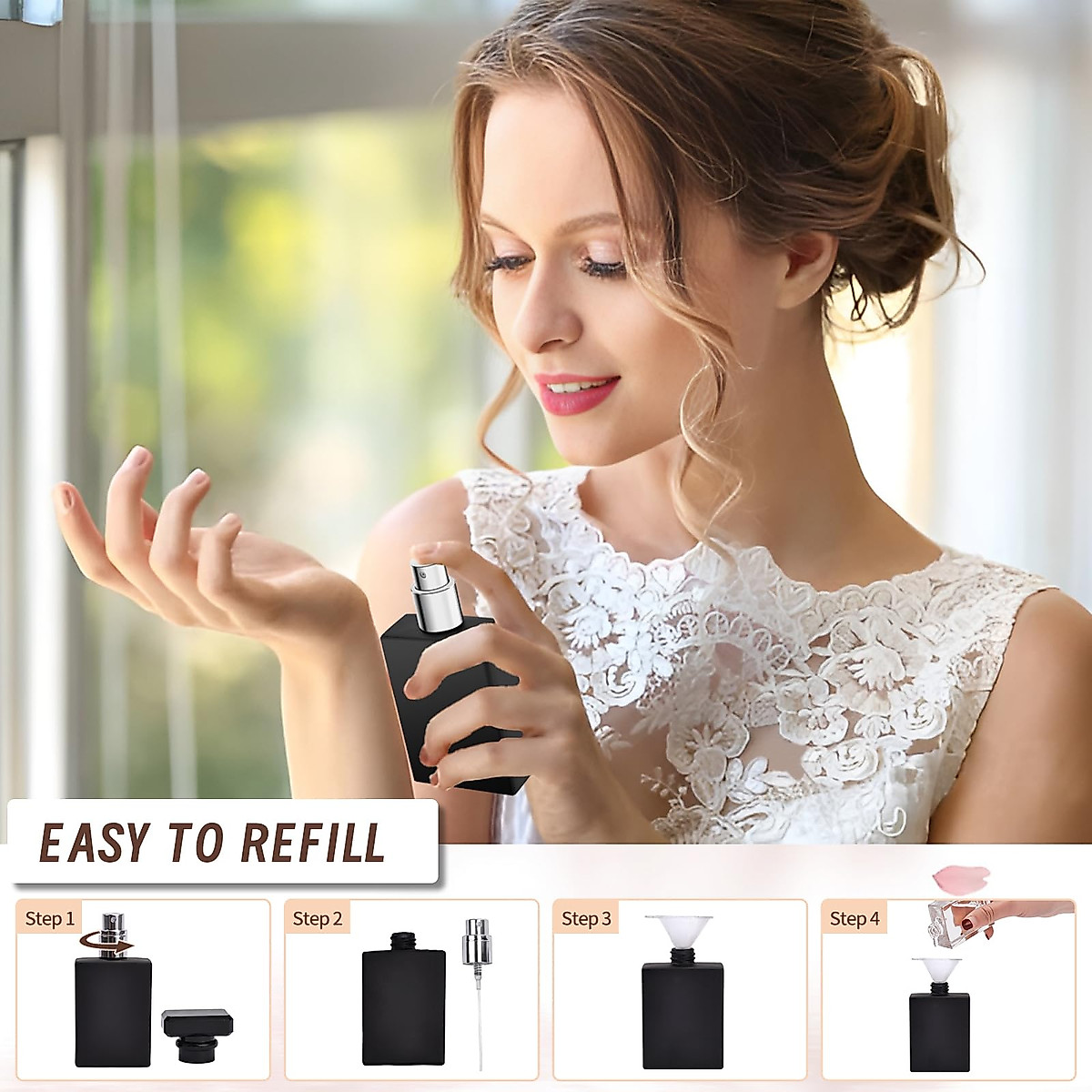 Luxsego Perfume Bottle Atomizers with Funnels, 30 ML Refillable Perfume Spray, Empty Spray Bottle Glass Cologne Atomizers for Travel, Handbag or Date, Storage Bag Included (Transparent+Black)