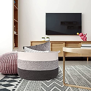 Blanket Basket for Living Room Large Cotton Rope Basket 21.7" x 21.7" x 13.8" Woven Laundry Basket Toy Storage Bins White Grey Black