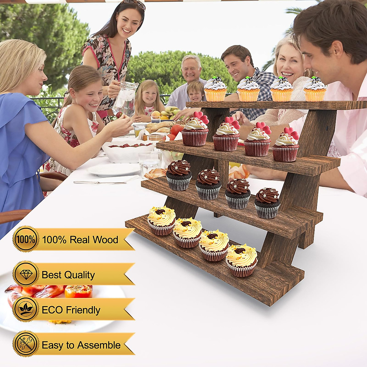 Fumingpal Wooden Cupcake Stand - 4 Tier Cupcake Display Stand, Rustic Tiered Display Stand, Tool Free Installation Cupcake Stand for Birthday Party Decoration Supplies