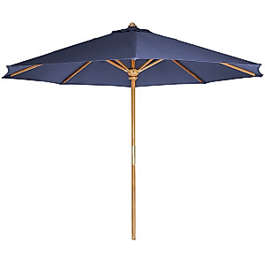 All Things Cedar TT6P-R-B 6-Piece Teak Round Patio Dining Set - Table and 4 Chairs for Outdoor Events | Backyard Furniture with Umbrella Hole | Brass Grommet & Cap | Blue Umbrella