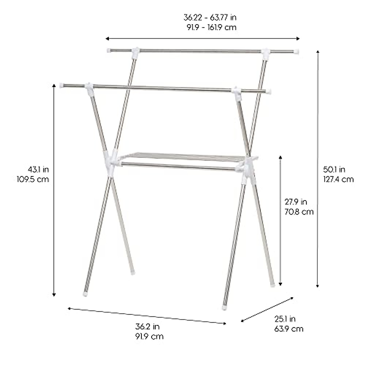 IRIS USA Foldable Drying Rack with Extendable Rods for Large Laundry Loads, Clothes Drying Rack, Freestanding Foldable Laundry Rack, Anti-Skid Feet, Portable and Storable, Silver