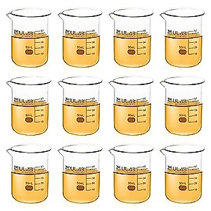 ULAB Scientific Glass Beakers Shot Glass, Vol. 50ml, 3.3 Borosilicate Griffin Low Form with Printed Graduation, Pack of 12, UBG1013
