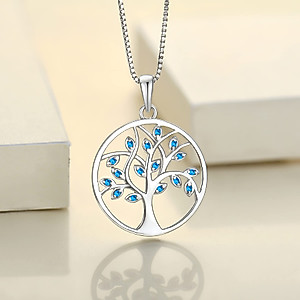YL Tree of Life Necklace Sterling Silver Created Aquamarine Pendant Round Family Giving Jewelry
