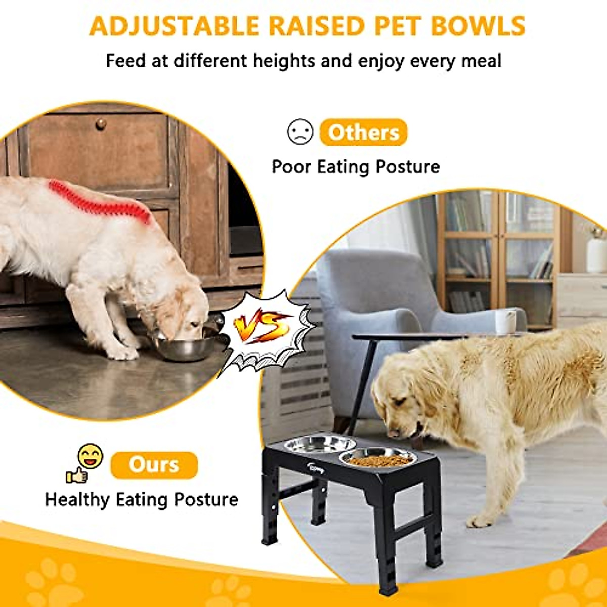 Toozey Elevated Dog Bowls 4 Adjustable Heights, Raised Dog Bowl for Large Medium Small Dogs and Pets, Dog Bowl Stand with 2 Stainless Steel Dog Food Bowls, 4 Heights-3.1", 8.6", 10.2", 11.8"(Black)