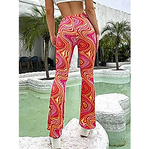 WDIRARA Women's Floral Print Elastic Waist Flare Leg Pants Stretchy Casual Long Pants Multicolour Marble M