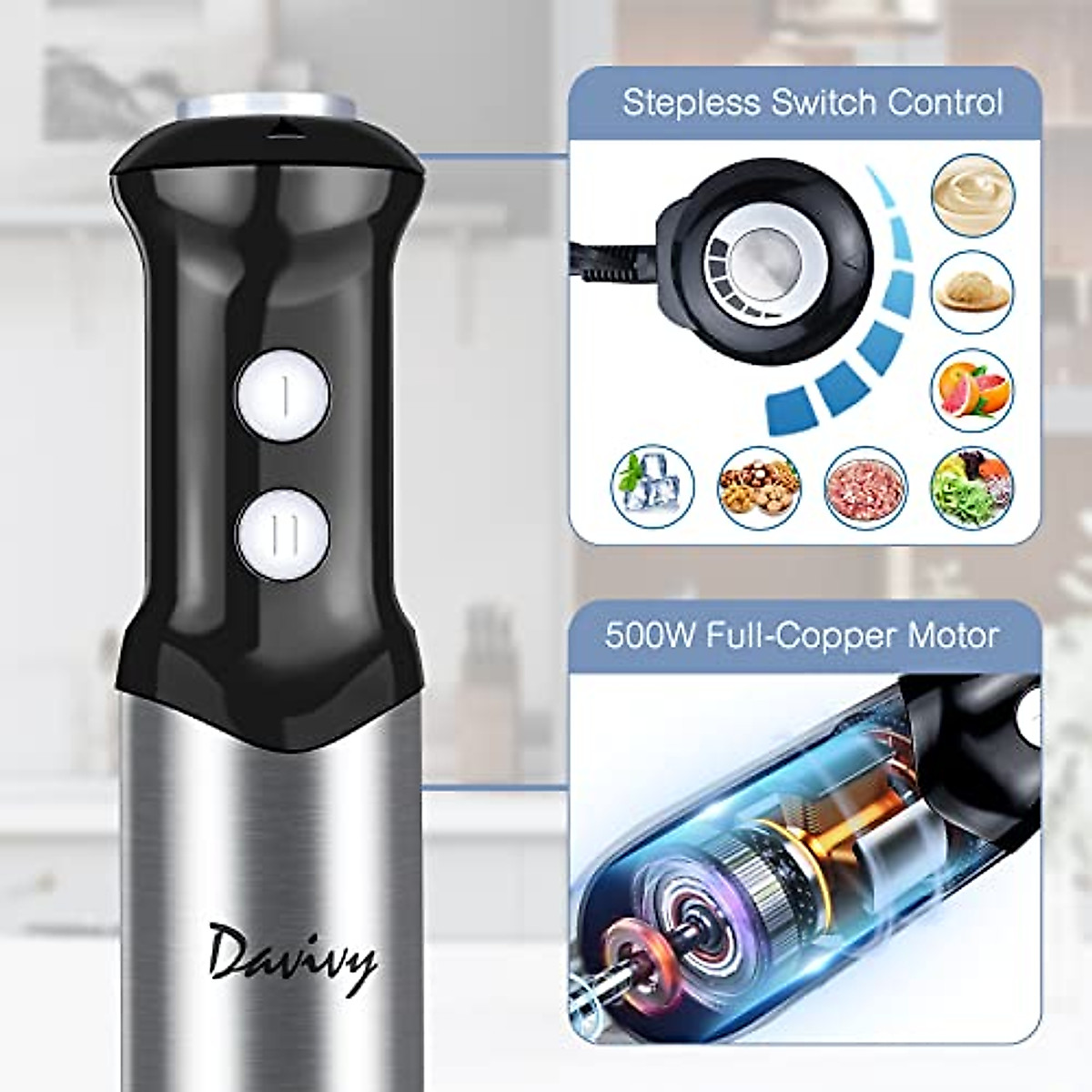 Davivy Immersion Blender Handheld, 6-in-1 Hand Blender Combo, 8 Cup Food Processors Stepless Control 304 Stainless Steel Stick Meat Chopping,Emulsifying,Mixing,Doughing,Slicing,Shreding for Homeuse,Black,500W (8-CUP Hand Blender Combo)