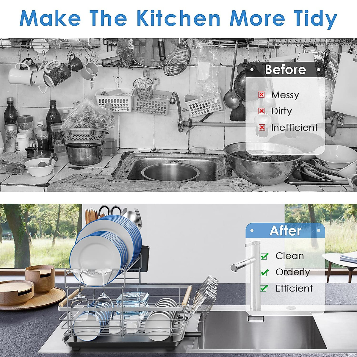 G-TING Dish Drying Rack, 2 Tier Detachable Dish Rack and Drainboard Set, Rust-Proof Drying Rack for Kitchen Counter, Large Capacity Dish Drainer with Utensils Holder and Cup Rack, Grey