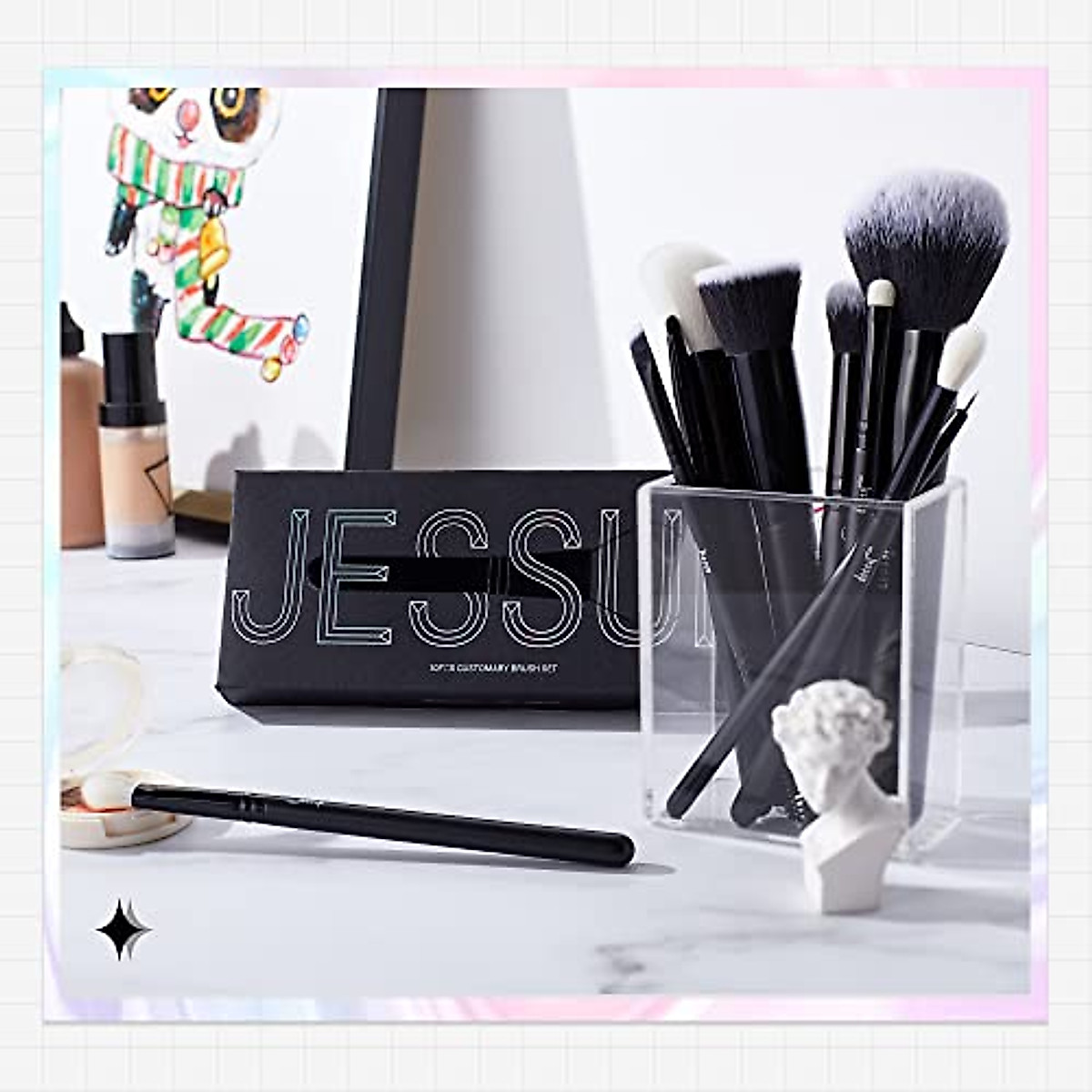 Jessup Makeup Brush Set 10pcs Black Make up Brushes Set Professional with Natural Synthetic Hair for Foundation Blending Blush Concealer Eyeshadow Eyebrow Eyeliner, T323