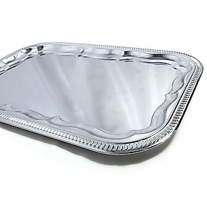 Maro Megastore (Pack of 4) 20.9" x 12.8" Traditional Rectangular Trim Floral Pattern Engraved Catering Chrome Plated Serving Plate Mirror Tray Platter Tableware Holiday Party Serving (Large) T227L-4PK