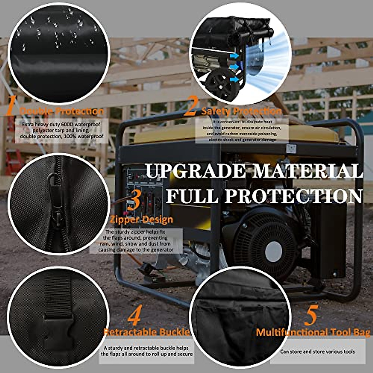 GEHENG Runtime Generator Cover, 100% Waterproof Generator Cover, Double Layer Design, All Weather Use, Extra Heavy Duty 600D Water Resistant Polyester Tarp, 32"x24"x24", Tear-resistant, black.