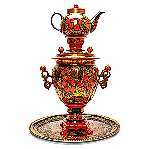 Red Khokhloma Electric Samovar Kettle with Teapot and Tray