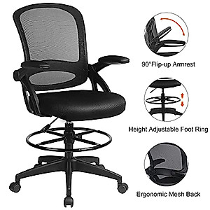 COMHOMA Drafting Chair Tall Office Chair with Flip-up Armrests for Computer Standing Desk Adjustable Foot Ring Ergonomic Mesh Back Table Chair Black