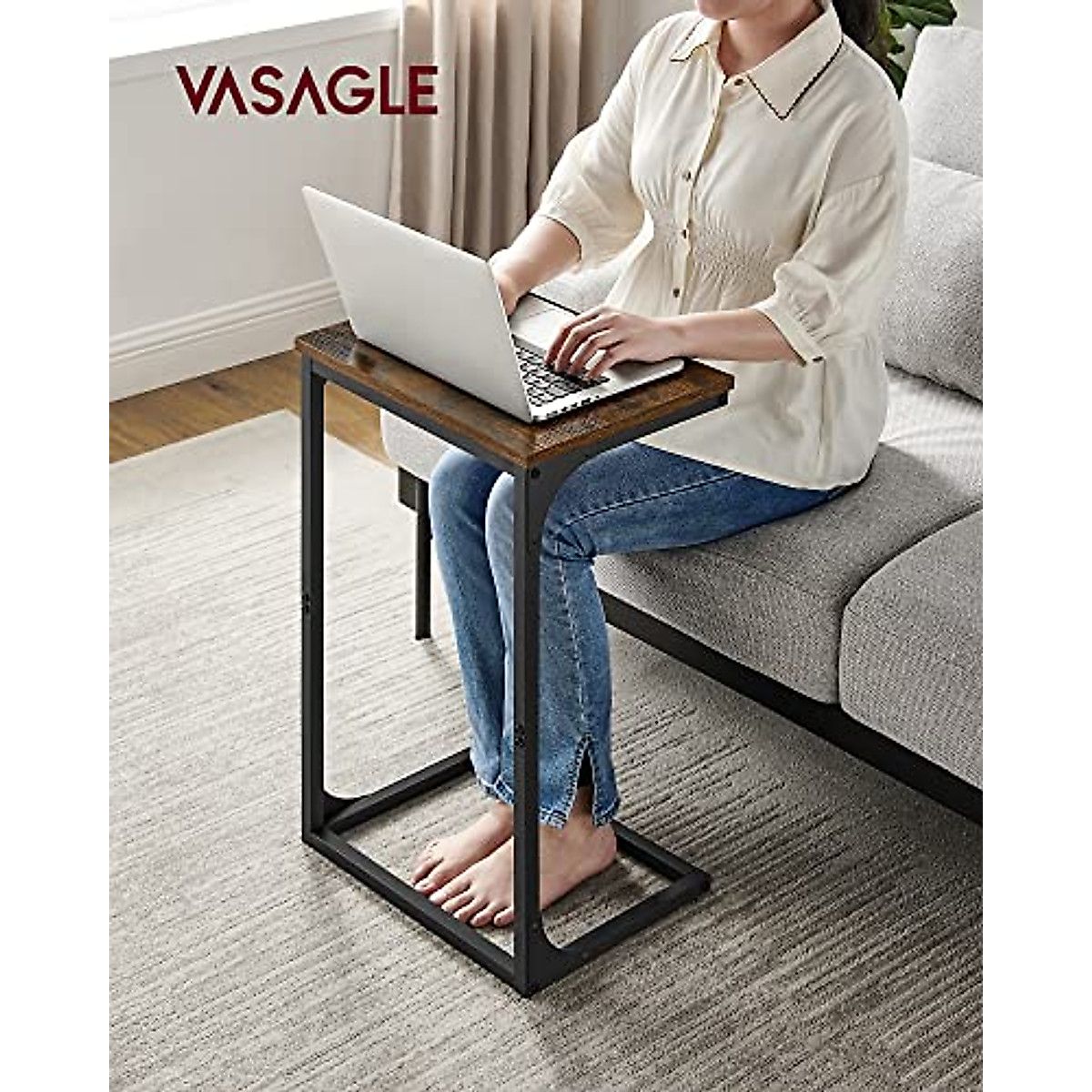 VASAGLE C-Shaped End Table, Side Table for Sofa, Couch Table with Metal Frame, Small TV Tray Table for Living Room, Bedroom, Rustic Brown and Black