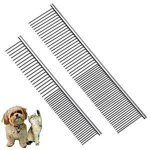 Flezoo 2PCS Dog and Cat Brush, Stainless Steel Dog Grooming Comb Kit, Detangler Deshedding Brush for Long Haired Dogs＆Cats, Dog Tangles Metal Comb＆Knots Hair Remover for Dog＆Cat Undercoat 6.4" 7.5"