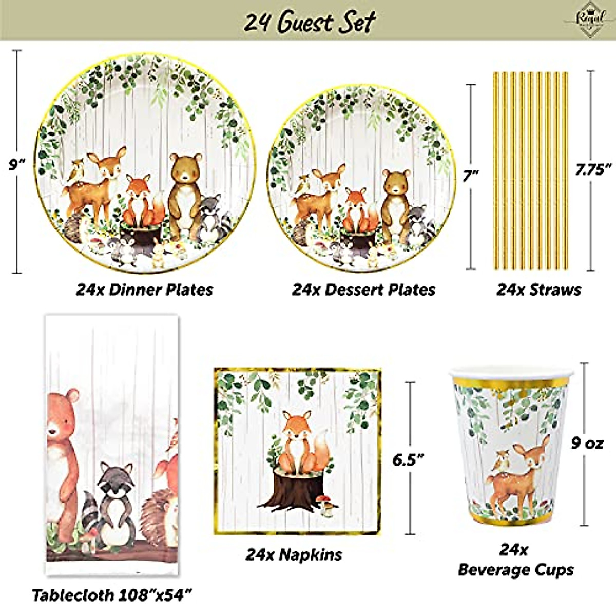 121Pc Woodland Creatures Theme Baby Shower Decorations, Birthday Party Supplies For Boy & Girl -Tablecloth, Paper Plates Napkins Straws & Cups of Forest Animal Friends Fox Deer Tableware Set Serves 24