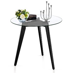 ivinta Round Glass Dining Table for 2-4 People, Modern Leisure Table with Wood Legs for Kitchen Dining Room Living Room, Space Saving, 31.5 inch RD80 (Black)