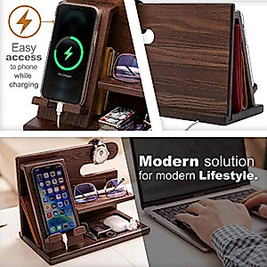 TESLYAR Wood Phone Docking Station Ash Key Holder Wallet Stand Watch Organizer Men Gift Husband Wife Anniversary Dad Birthday Nightstand Purse Father Graduation Male Travel Idea Gadgets… (Deep Brown)