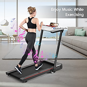 GYMAX Treadmill with Desk, 3 in 1 Under Desk Treadmill Walking Pad with Removable Desktop, LED Monitor, 12 Preset Programs, Built-in Speaker & Remote, Foldable Treadmill for Office Home Gym (Black)