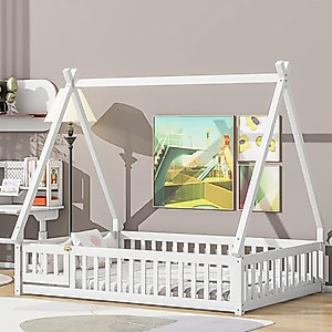 RORIGAT Full Size Floor Bed for Kids,Tent-Shaped Full Teepee Bed Frame with Fence Guardrails,Wood Montessori Floor Bed with Slats and Door for Girls Boys Bedroom,White