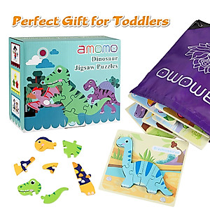 6 Pieces Set of Wooden Dinosaur Puzzles for Children 1-5 Years Old, Wooden Puzzles for Montessori Learning for Toddlers, Preschool Educational Toys, 3D Dinosaur Puzzles for Boys and Girls Gift