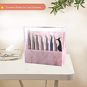 Dust-proof Eyelash Tweezers Holder with Cover, Acrylic MarbleTweezer Organizer for Lash Cart (Pink)