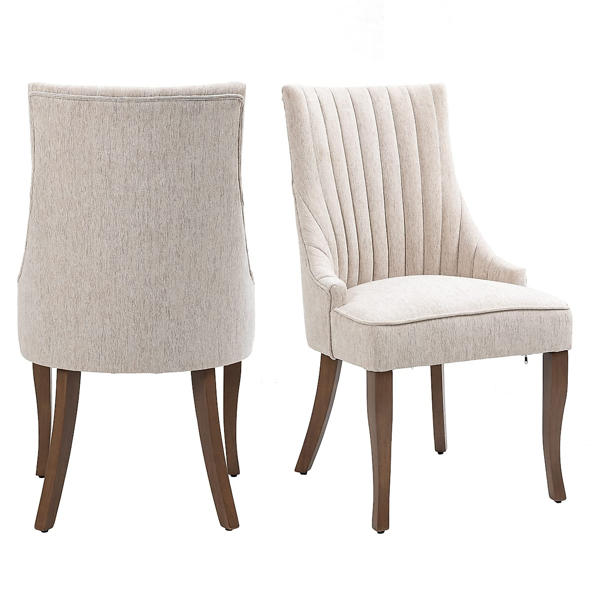 mikibama Linen Dining Chairs Set of 2 Channel Tufted Kitchen Dinner Chair Comfy Fabric Upholstered Accent Chair for Dining Room with Solid Wood Legs (Beige)