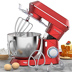 9.5QT Stand Mixer, DOBBOR 7 Speeds 660W Electric Kitchen Stand Mixer, Tilt-Head Food Mixer, Home Standing Mixer with Dough Hook, Whisk, Beater, Splash Guard & Mixing Bowl for Baking - Red
