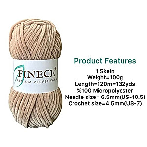 FINECE Soft Velvet Yarn Chenille Yarn for Crocheting Baby Blanket Yarn for Knitting 100 gr (132 yds) Fancy Yarn for Crochet Weaving Craft Amigurumi Yarn (1 Skein, 2040 - Light Camel)