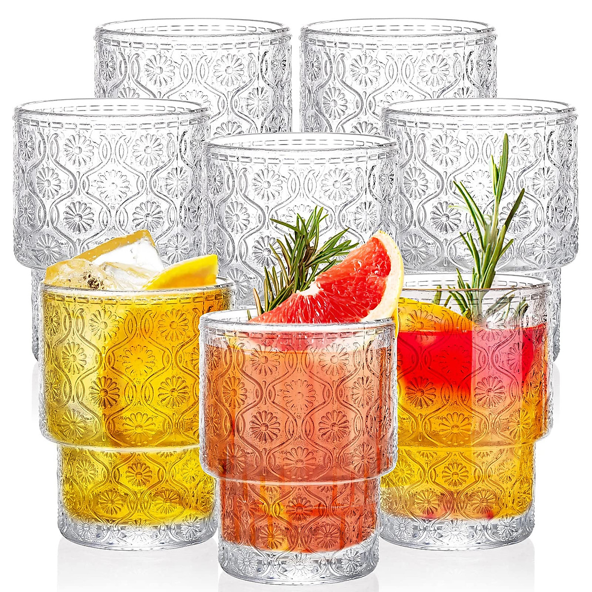AVLA 8 Pack Vintage Drinking Glassware, 7 oz Romantic Water Juice Glass Tumbler Cup, Clear Stackable Coffee Cocktail Bar Drinkware for Beverages, Tea, Milk, Yogurt, Whiskey, Embossed Floral Pattern