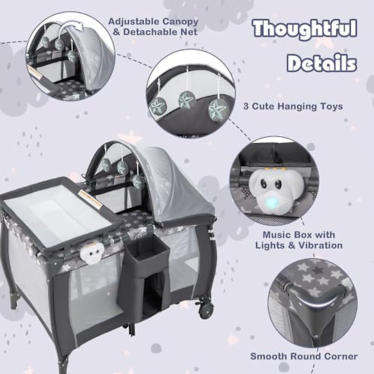 HONEY JOY Pack and Play with Bassinet, 4-in-1 Portable Baby Playard with Changing Table, Net & Cute Toys, Diaper Storage Bag, Music Box, Wheels with Brake, Foldable Newborn Play Yard w/Carry Bag